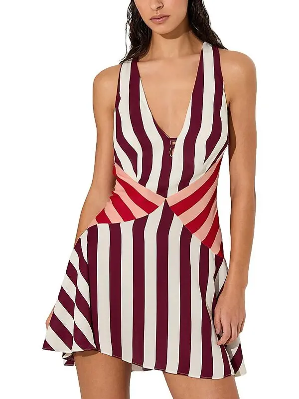 REISS Esme Printed Stripe Dress - Burgundy/off White
