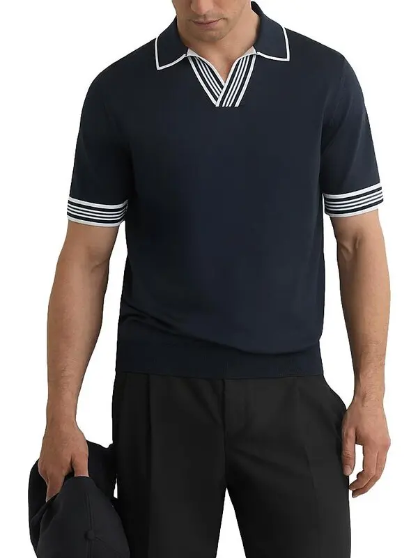 REISS Open Collar Stripe Polo Shirt - Navy