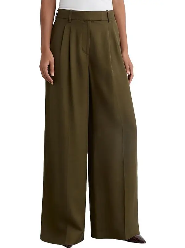 REISS Cora Pleated Wide Leg Trousers - Khaki Green