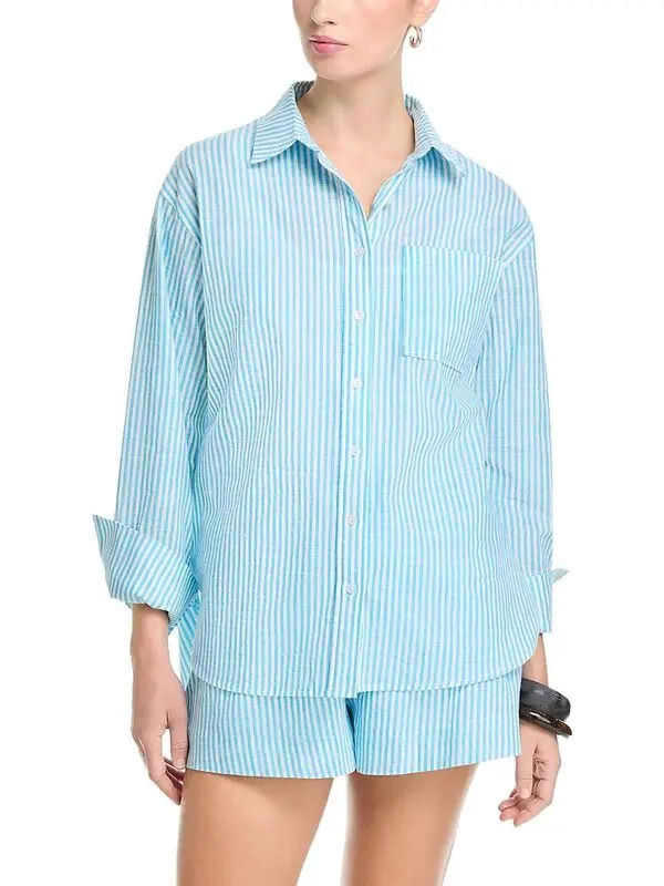 Aqua Stripe Button Front Shirt - Royal/white
