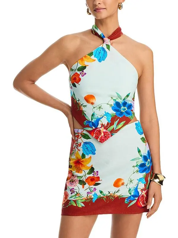 Aqua Floral Scarf Halter Top - Blue/brown