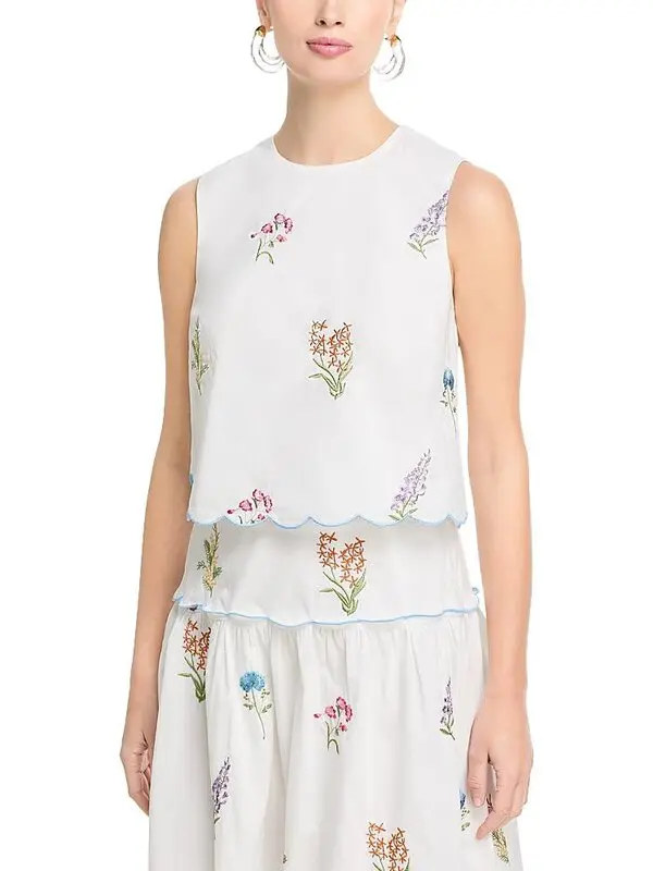 Aqua Embroidered Scallop Tank - White Mutli