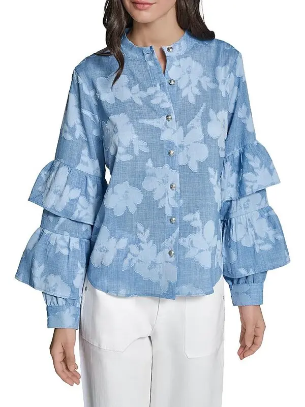 Karl Lagerfeld Paris Tiered Ruffled Sleeve Floral Blouse - Medium Blue