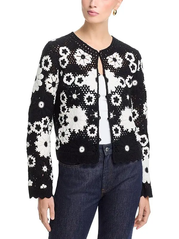Aqua Crochet Flower Cardigan Sweater - Black/white