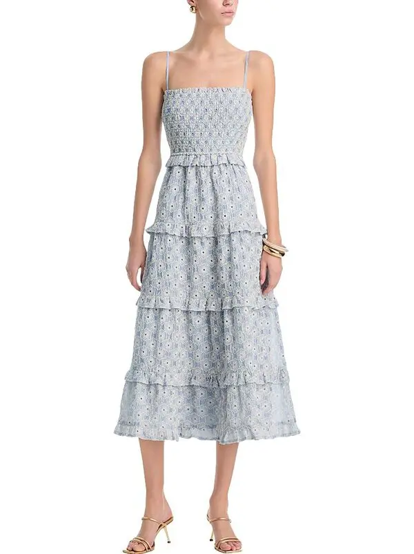 Aqua Embroidered Smocked Tier Midi Dress - Blue/white