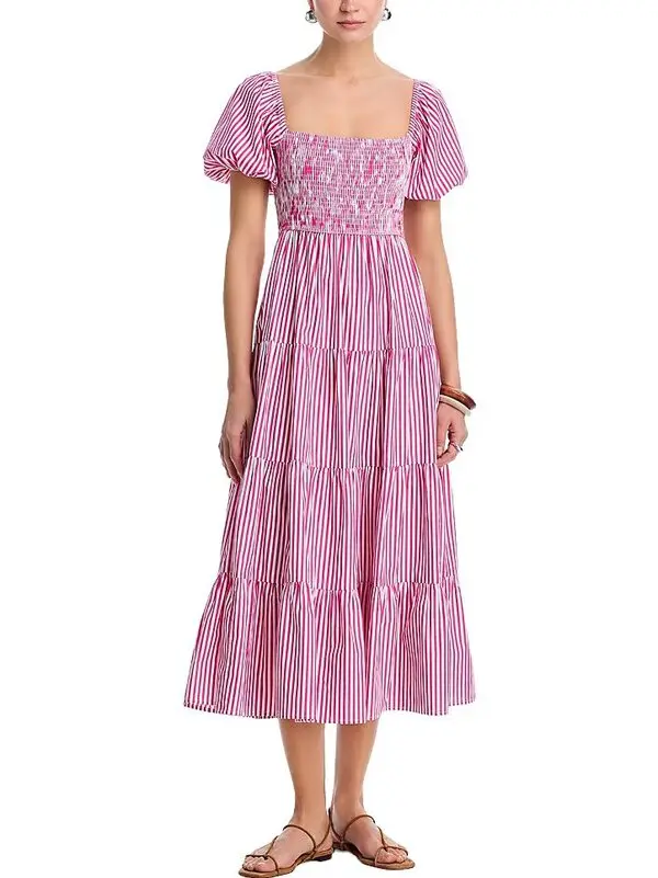 Aqua Striped Poplin Midi Dress - Raspberry