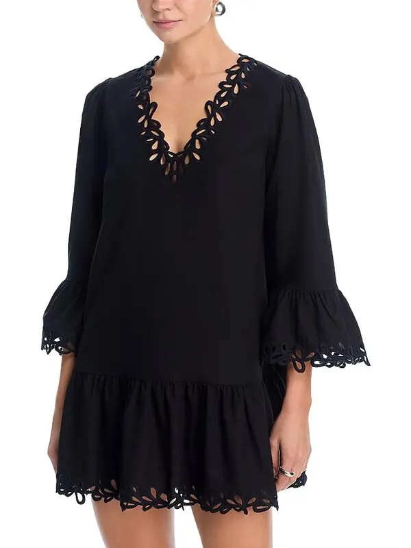 Aqua Eyelet V-neck Mini Shirt Dress - Black
