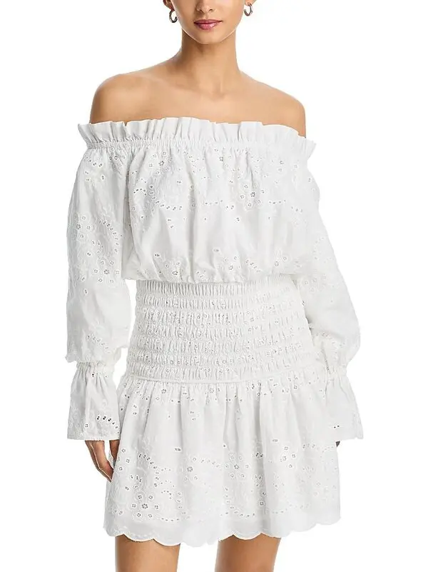 Aqua Embroidered Smocked Mini Dress - White