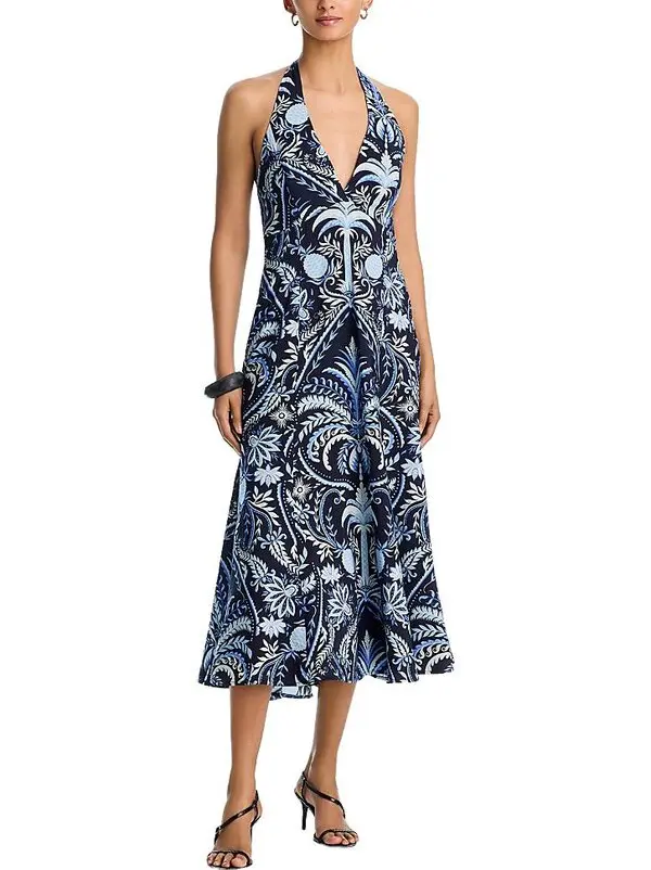 Aqua Pineapple Palm Poplin Halter Midi Dress - Navy Multi