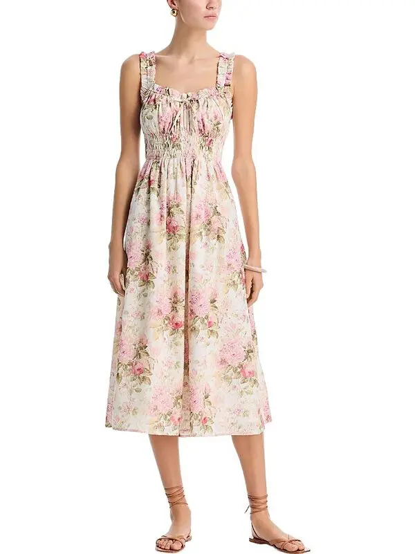 Aqua Floral Eyelet Tie Smocked Midi Dress - Pink Multi