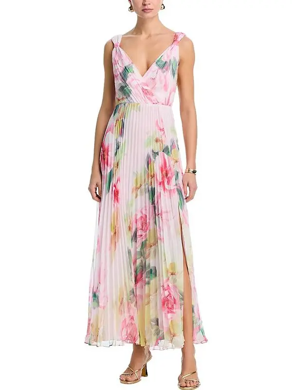 Aqua Placed Floral Pleated Maxi Dress - Pink Multi