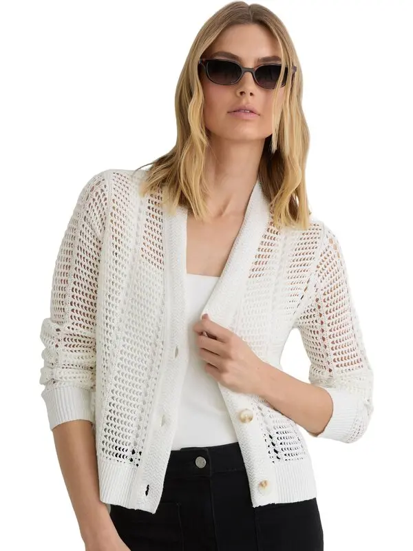 REISS Open-knit Button-through Cardigan - Ivory
