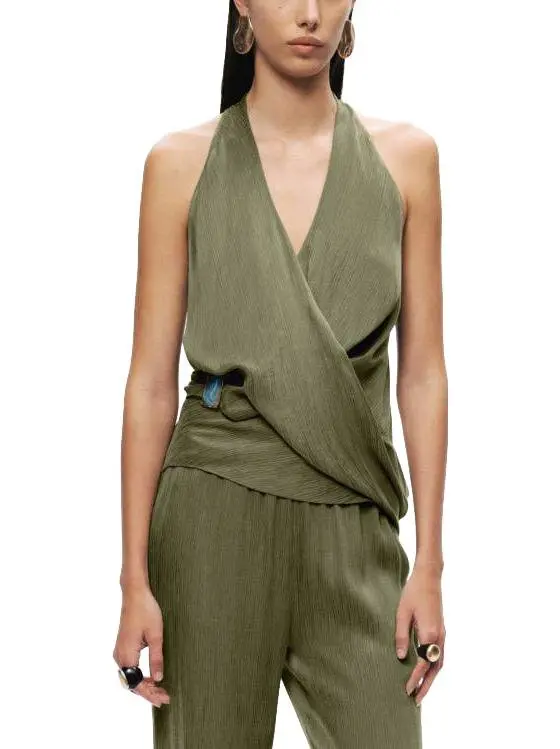 NOCTURNE Asymmetric Halter Wrap Top - Khaki