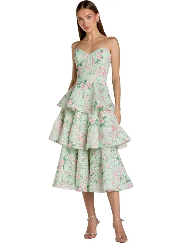 Mac Duggal Floral Print Tiered Midi Dress - Mint Multi
