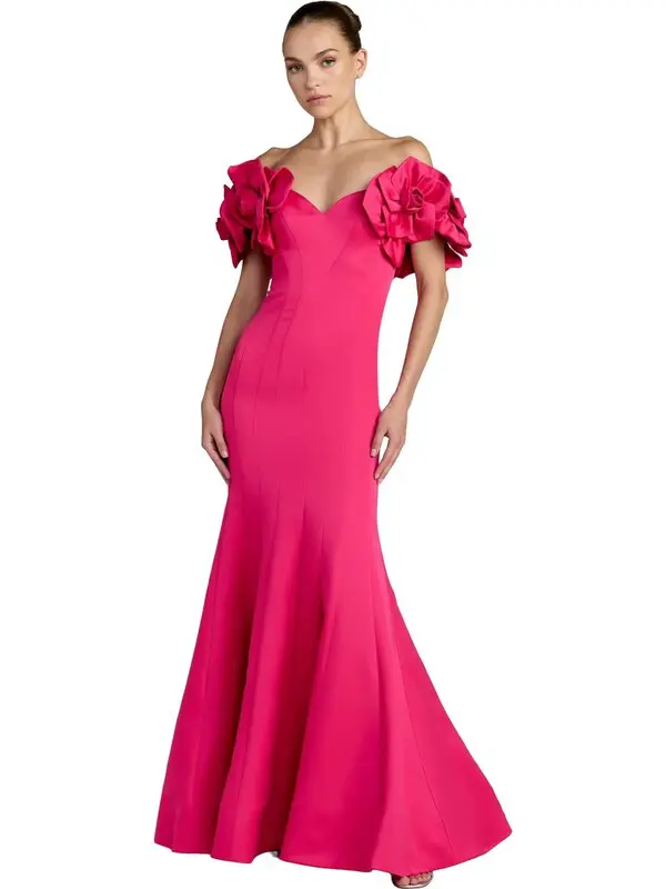 Mac Duggal Off-the-shoulder Gown With Floral Sleeves - Hot Pink