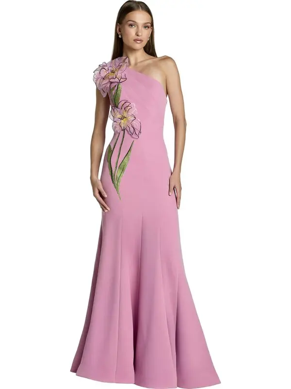 Mac Duggal One Shoulder Mermaid Gown With Applique - Orchid