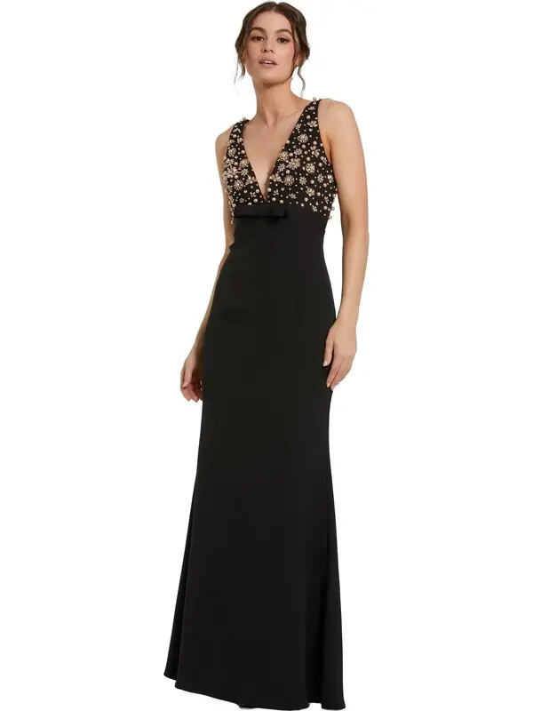 Mac Duggal Petite Sleeveless Beaded V Neck Gown With Bow - Black