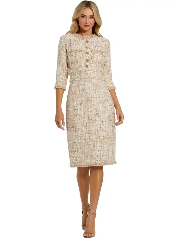 Mac Duggal Beaded Trim Boucle Midi Dress - Blush