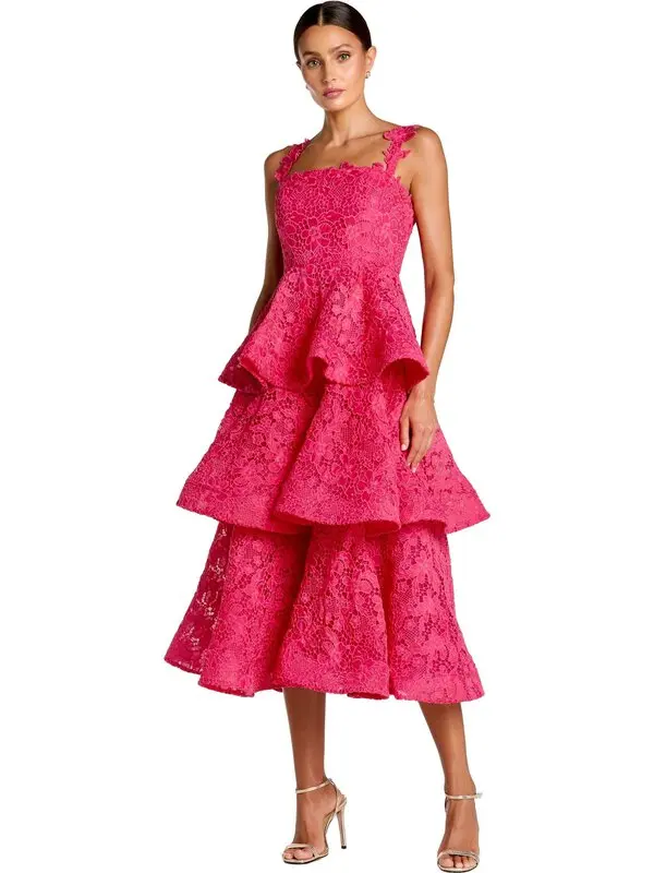 Mac Duggal Embroidered Lace Ruffle Midi Dress - Hot Pink