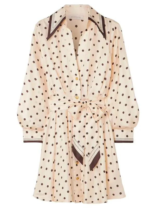 Zimmermann Belted Polka-dot Silk-satin Mini Shirt Dress - Cream