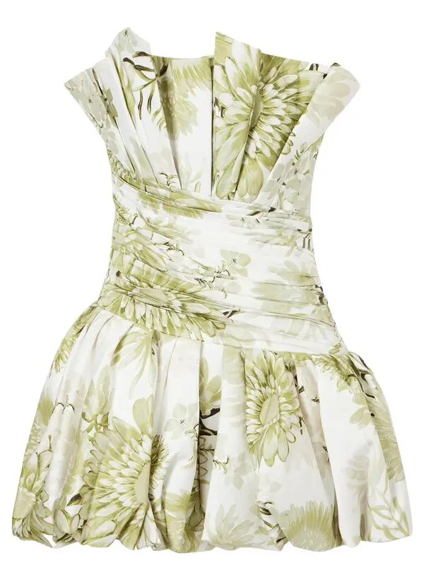 Aje Strapless Ruched Floral-print Mini Dress - Green