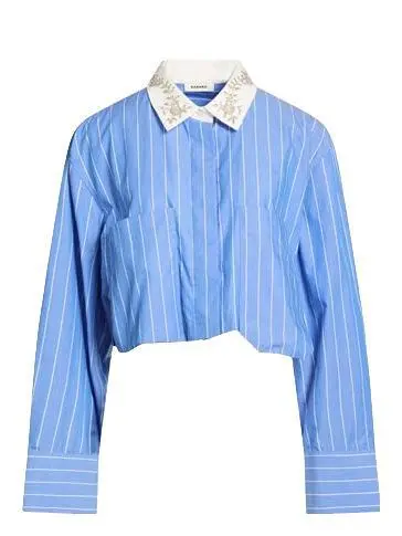 Sandro Striped Poplin Shirt With Crystal Embellishments - Blue