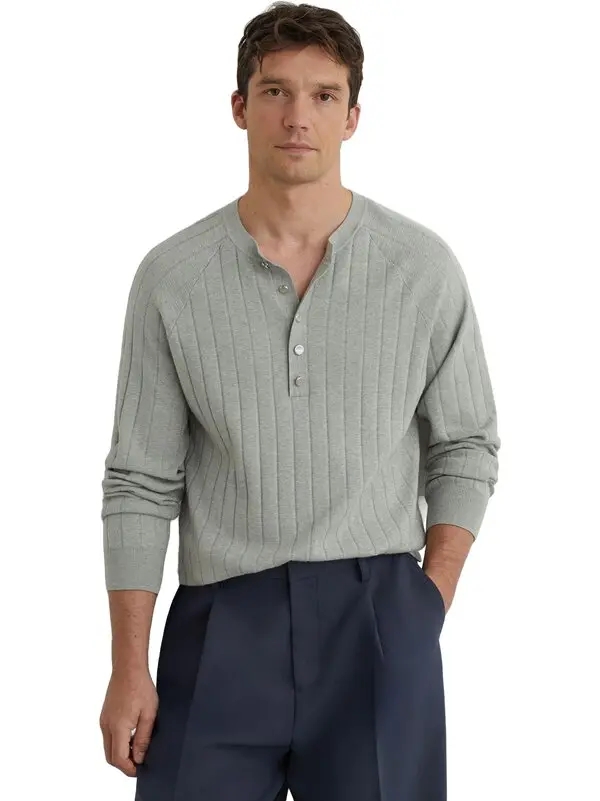 REISS Wide-rib Knit Henley Jumper - Sage Green