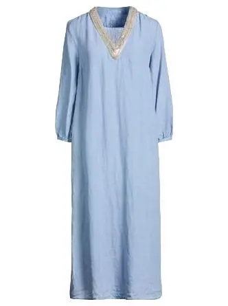 120% Lino Midi Dress Linen With Embellishments - Blue