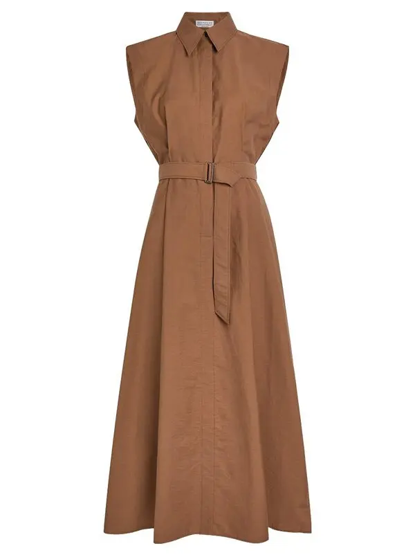 Brunello Cucinelli Belted Cotton-blend Midi Shirt Dress - Brown