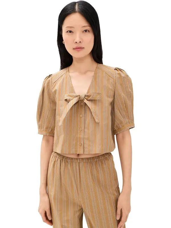 THE TINY BIG SISTER Striped Bow Blouse - Light Brown
