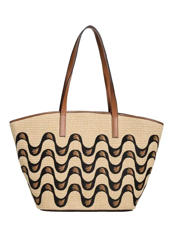 Farm Rio Large Raffia Wave Print Tote Bag - Natural Raffia And Black