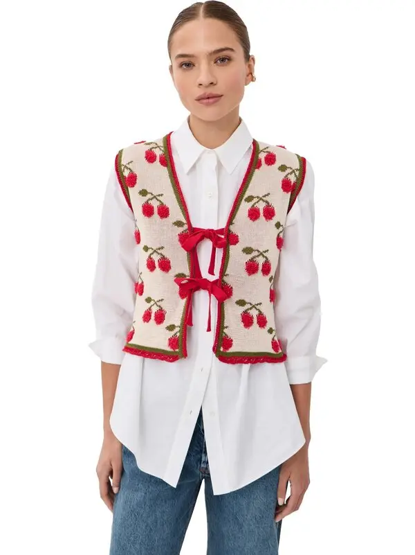 La DoubleJ Cherry Gilet - Multicolor Ecru/green/red