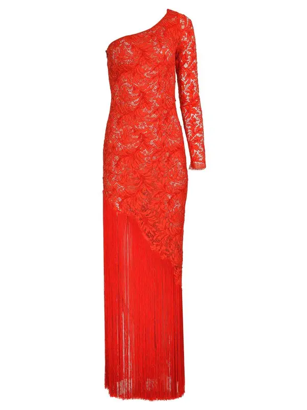 FRANCESCA MIRANDA One-shoulder Lace Maxi Dress With Fringe - Red