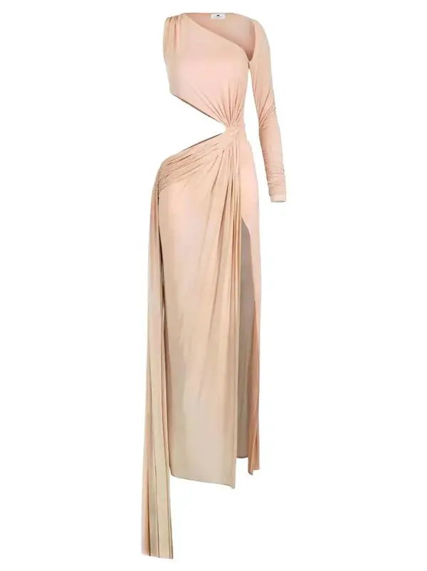 Elisabetta Franchi Jersey Maxi Dress With One Shoulder And Cut-out Detail - Neutrals