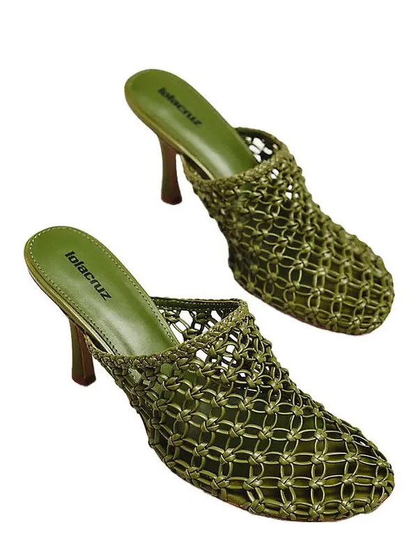 Lola Cruz Gara Woven Heeled Mules - Khaki