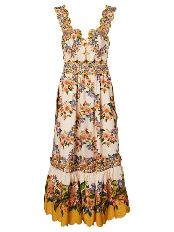 Farm Rio Floral Scalloped Linen-blend Midi Dress - Multicoloured