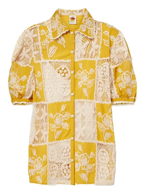 Farm Rio Embroidered Lace-trimmed Cotton Shirt - Yellow