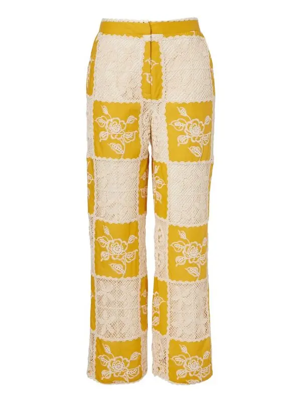 Farm Rio Lace-trimmed Straight Cotton Pants - Yellow