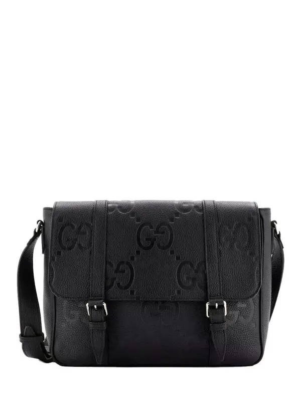 Gucci Double Belt Flap Messenger Bag Jumbo Gg Embossed Leather Medium - Black