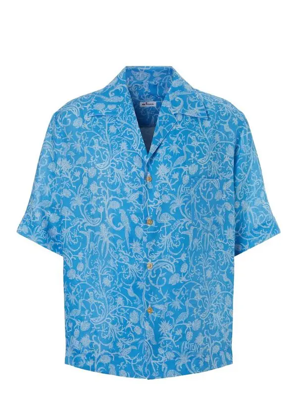 Kiton Printed Linen Bowling Shirt - Blue