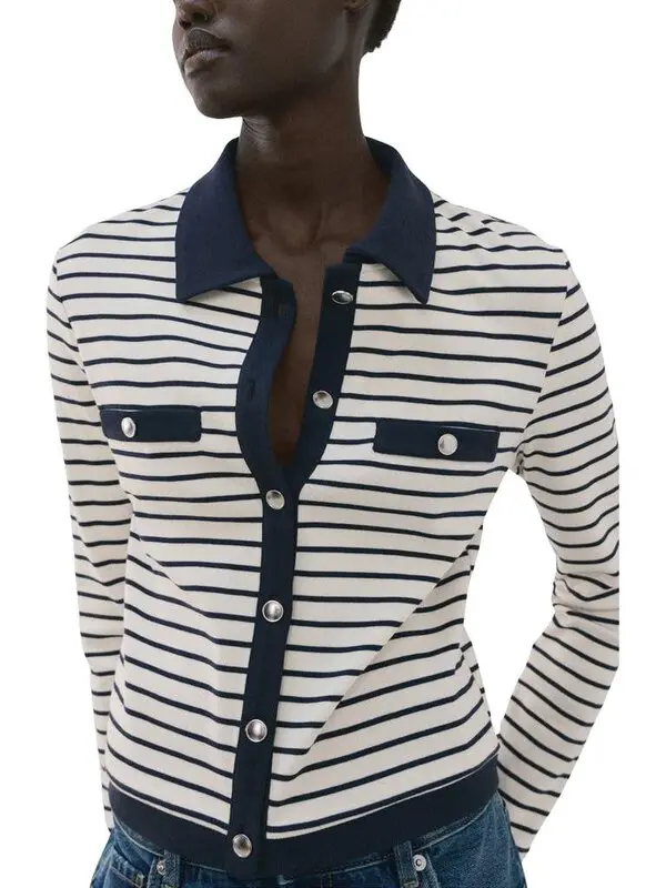 Mango Striped Cotton Cardigan - Navy