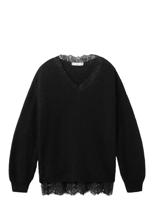 Mango Lace Trim Ribbed V-neck Sweater - Black