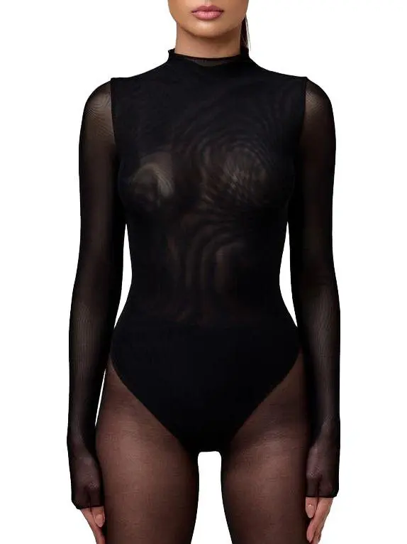 Naked Wardrobe Sheer Stretch Mesh Bodysuit - Black