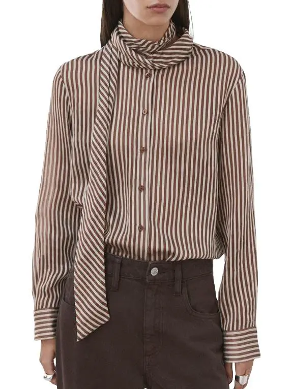 Mango Striped Tie Neck Top - Brown