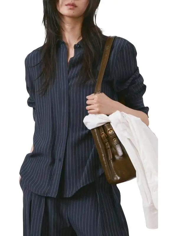Mango Pinstripe Button-up Shirt - Navy