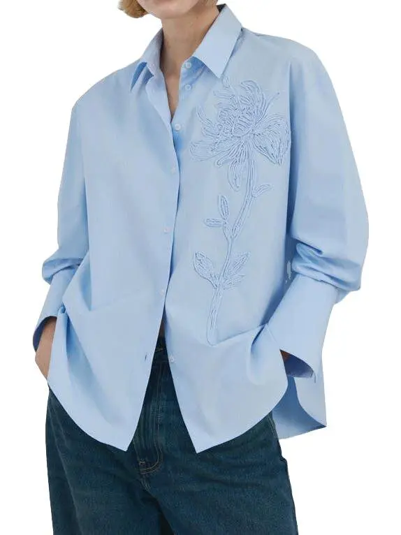 Mango Embroidered Floral Button-up Shirt - Sky Blue
