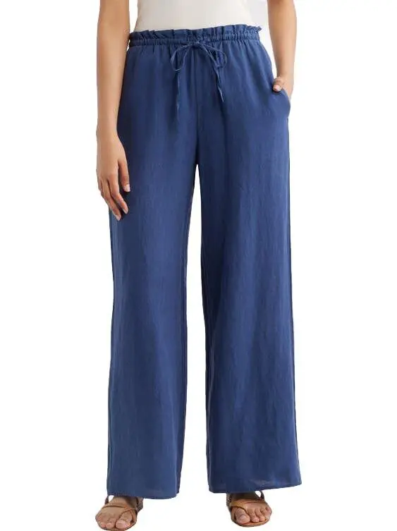 Bella Dahl Ruffle Waist Wide Leg Linen Pants - Midnight Surf