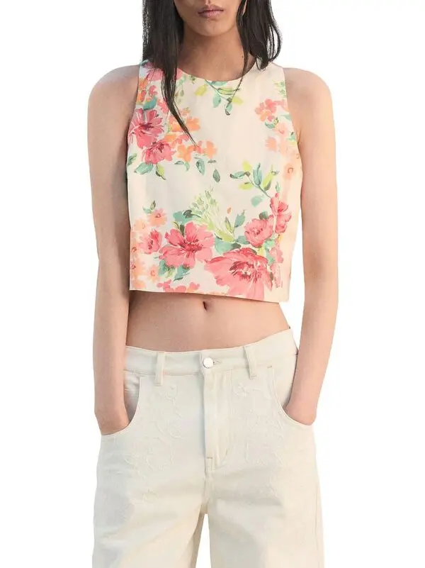 Mango Floral Cotton Crop Tank - Off White