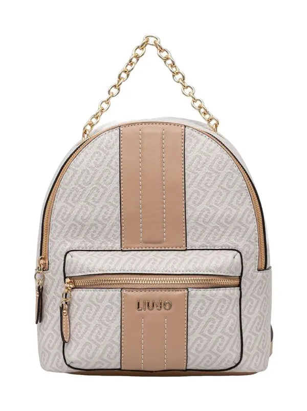 Liu Jo Grained Faux Leather Backpack With All-over Monogram - Beige