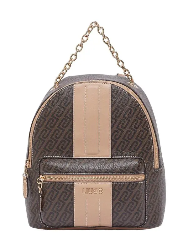 Liu Jo Grained Faux Leather Backpack With All-over Monogram - Brown
